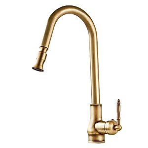 Single Handle Kitchen Faucet,Antique Copper One Hole Pull Out Pull Down Widespread Brass Faucet Body with Cold Hot Mixer Hoses