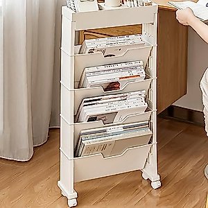 GAGALU 6 Tier Mobile Bookshelf, Moveable Bookshelf Organizer with 360° Universal Wheel Movable Bookshelf Multilayer Capacity for Home, 6 Tier Floor Standing Bookcase Storage Organizer Rack,White