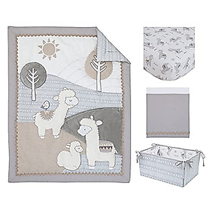 NoJo Mama's Little Llama Grey, White and Charcoal 4 Piece Nursery Crib Bedding Set - Comforter, Crib Sheet, Dust Ruffle and Nursery Organizer