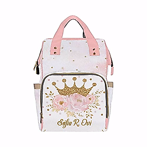InterestPrint Custom Diaper Bag with Name, Pink Flowers with Crown Diaper Bag Nappy Bags Travel Shoulder Daypack Mummy Backpack Custom Gift for Mom Girl