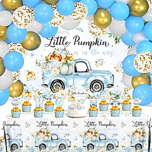 Little Pumpkin Baby Shower Decorations for Boy, A Sweet Little Pumpkin Is on the Way Blue Backdrop Balloon Garland Kit for Fall Autumn Thanksgiving Baby Shower Background Party Supplies
