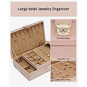 Vlando Jewelry Box for Women Girls 2 Layer Large Jewelry Organizer Storage Case PU Leather Jewellery Stackable Tray for Necklace Earrings Rings Bracelets Home Decor Gifts Beige