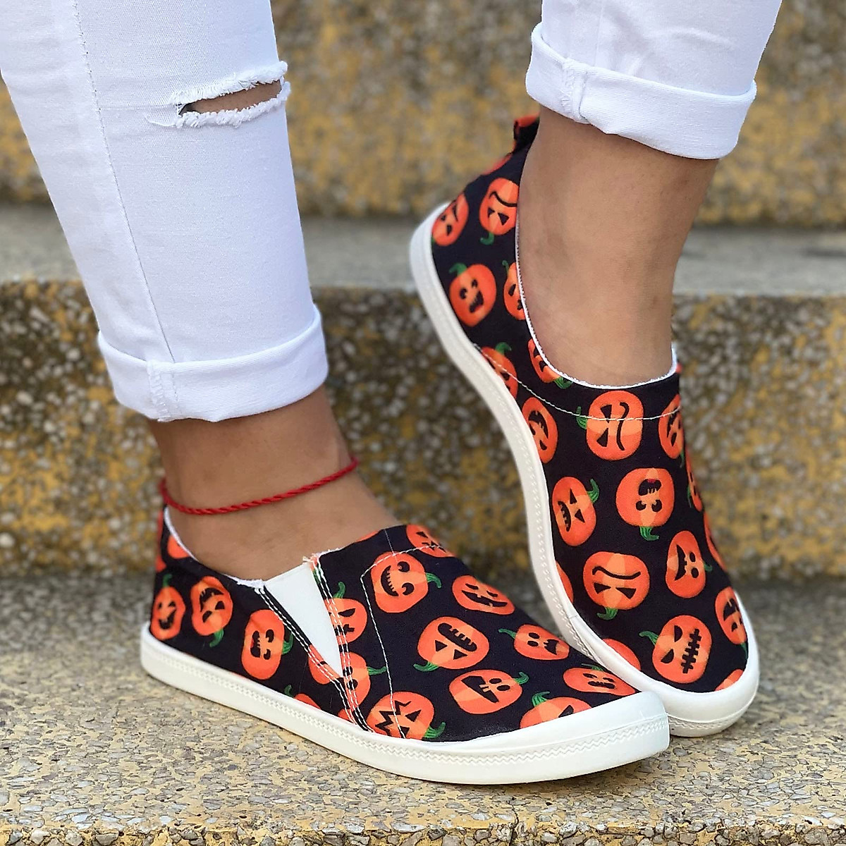 Halloween Shoes for Women Men Tennis Leisure, Fashion Pumpkin Print Bones Strappy Canvas Flatform Padel Shoe Slip On Loafers Comfortable Walking Sneakers