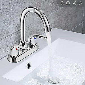 SOKA Two Handles Centerset Bathroom Faucet For Sink High Arc Stainless Steel With Deck Plate & Pop-Up Drain Assembly Fit 3 Hole Installation, Chrome (SK18001C)
