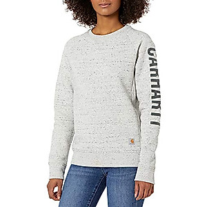 Carhartt Women's Relaxed Fit Midweight Crewneck Block Logo Sleeve Graphic Sweatshirt, Asphalt Heather NEP, Medium