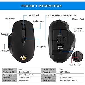 Greshare Gaming Mouse,2.4Ghz Optical Mice with Wireless Bluetooth Dual Mode Connection RGB Colorful Luminous for Computer/Win/Mac/Linux/Andriod/iOS. (Black)