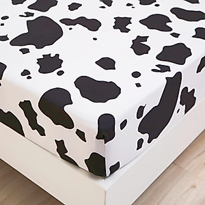 SDY 3PCS Milk Cow Print Stuff Bedding Fitted Sheet Set Queen Size, Cartoon Cow Pattern Fitted Sheet with Deep Pocket and 2 Pillowcases, Cute and Cozy, Kawaii Bed for Kids, Children, Boys, Girls, Teens
