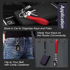 MECHCOS Car Key Fob Keychain Holder Genuine Leather Wristlet Loop Key Chain Circle Carabiner Clip for Men and Women with Anti-Lost D Ring, Screwdriver, 4 Key Rings, 360 Degree Rotatable, Red