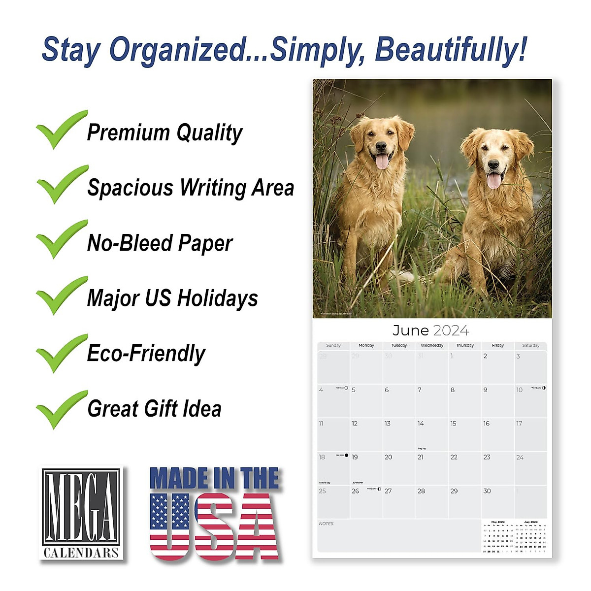 2023 2024 Golden Retriever Calendar - 16 Month FULL SIZE - 12 x 24 Open - Made in USA - Dog Breed Monthly Wall Calendar - Thick No-Bleed Paper - Giftable - Academic Teacher's Planner Calendar