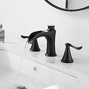 MYHB Bathroom Faucets for Sink 3 Hole Waterfall Black Bathroom Faucets for 8-16 inch Vanity with Pop Up Drain Stopper with Overflow, 3JT8012MB