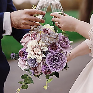 Kisflower Purple Artificial Flowers Combo Cake Flowers Decorations Fake Peony Silk Roses Gift Box for DIY Wedding Bridal Bouquet Centerpieces Arrangements Party Baby Shower Holiday Decor (Purple)