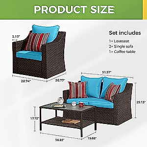 HEYNEMO Outdoor Patio Furniture Sets, 4 Pieces Outdoor Sectional Rattan Sofa Set, Brown PE Wicker Patio Conversation Sets with 8 PCS Lake Blue Washable Cushion and Tempered Glass Table