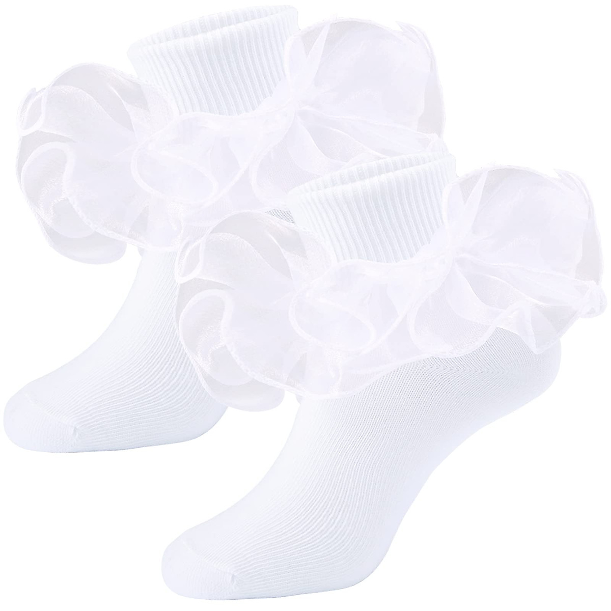 Mini angel Girls Ruffle Socks Double Lace Frilly Dress Socks Kids Turn Cuff Socks for Little Girls 2 Pack (White, 4-6 Years)