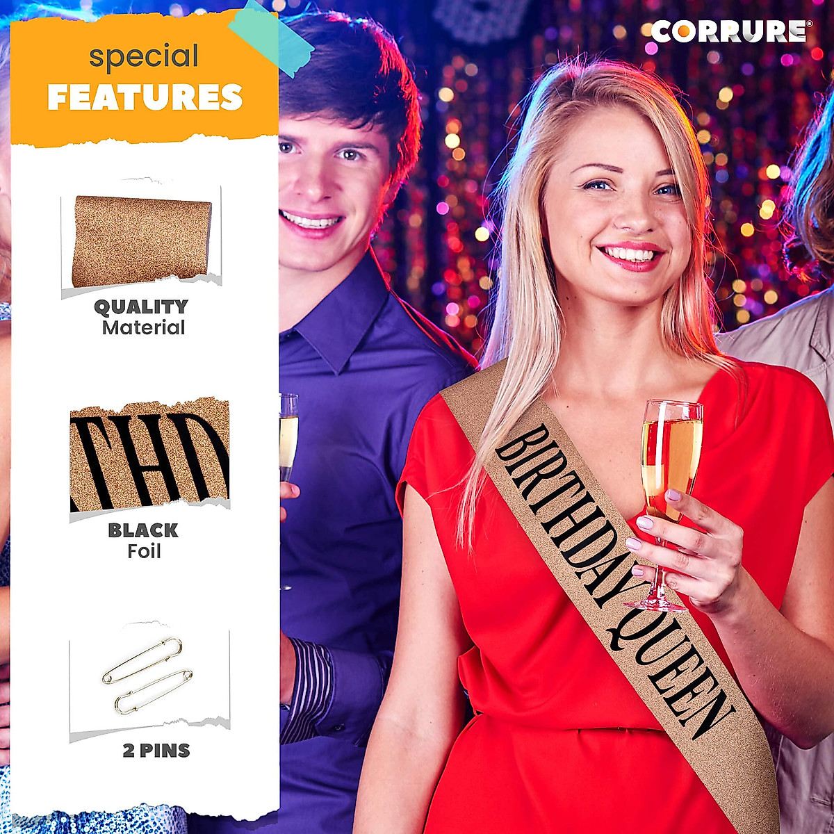 CORRURE 'Birthday Queen' Sash Glitter with Black Foil - Rose Gold Glitter Happy Birthday Sash for Women - Party Favors Supplies and Decorations for Sweet 16, 18th 21st 30th 40th or Any Bday Party