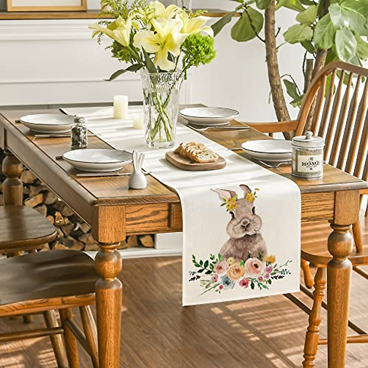 Artoid Mode Easter Bunny Easter Table Runner Off-White, Seasonal Spring Flowers Holiday Kitchen Dining Table Runner for Home Party Decor 13 x 72 Inch