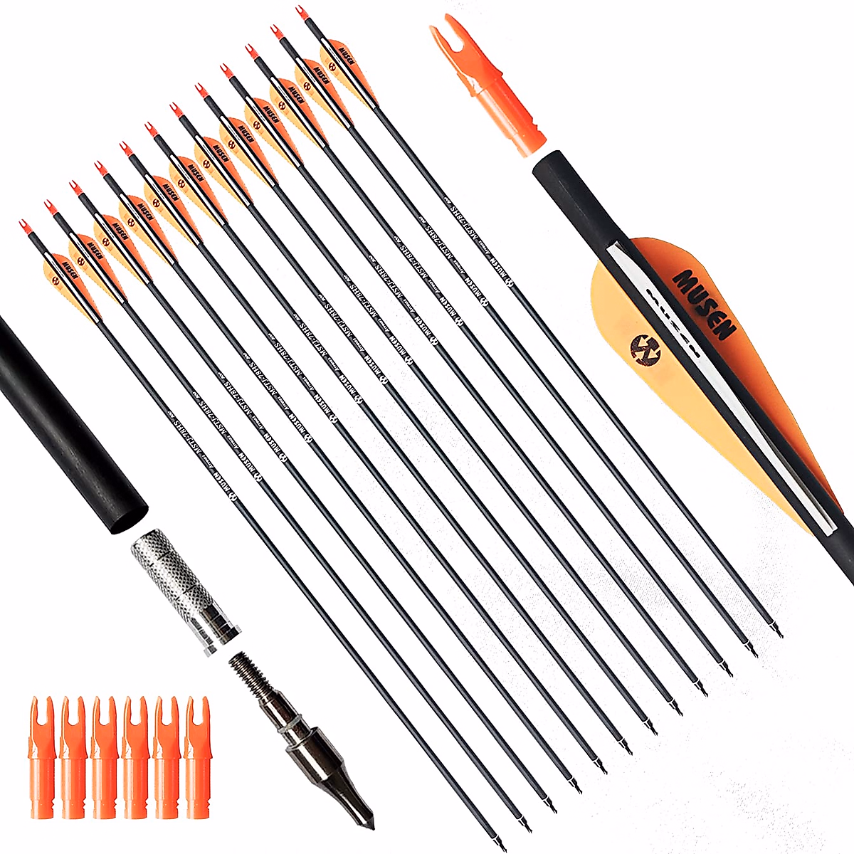 Musen Archery 30/28 Inch Carbon Practice Targeting Arrows with Removable for Youth Compound & Recurve Bow Target (Pack of 12)