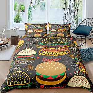 Erosebridal Burger Duvet Cover, Graphic Comforter Cover Western Fast Food Quilt Cover for Kids Boys Girls Teens, Grunge Room Decor Bedding Set (No Comforter) Grey Decorative 3Pcs Full Size