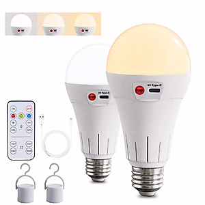 Vitnucrol 2 Pack Wireless Rechargeable Battery Operated Light Bulbs with Remote, Cordless E26 LED Battery Powered Light Bulb for Non-Hardwired Lamps, 3 Color Temperatures, Dimmable, Timer, 300LM