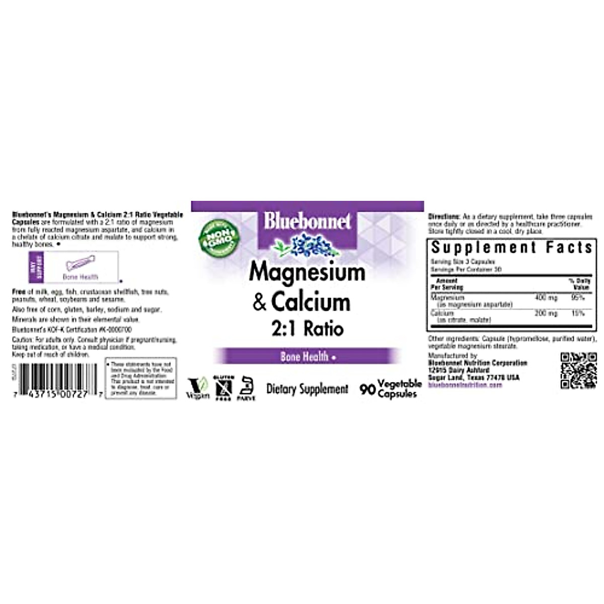 BlueBonnet Magnesium Calcium 2:1 Ratio Vegetarian Capsules, 90 Count