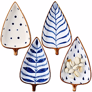 amokk Porcelain Snack Serving Tray - 4 Pcs Divided Compartment with Bamboo Tray - Leaf Shaped Platter for Entertaining