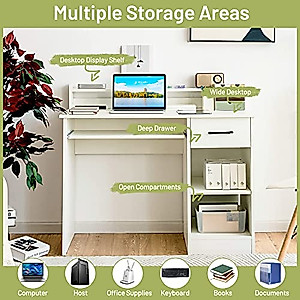 Tangkula White Computer Desk with Drawer & Keyboard Tray, 22 Inch Wide Modern Study Writing Desk with Desktop Hutch & Storage Shelves for Kids, Wood PC Laptop Desk, Desk for Bedroom