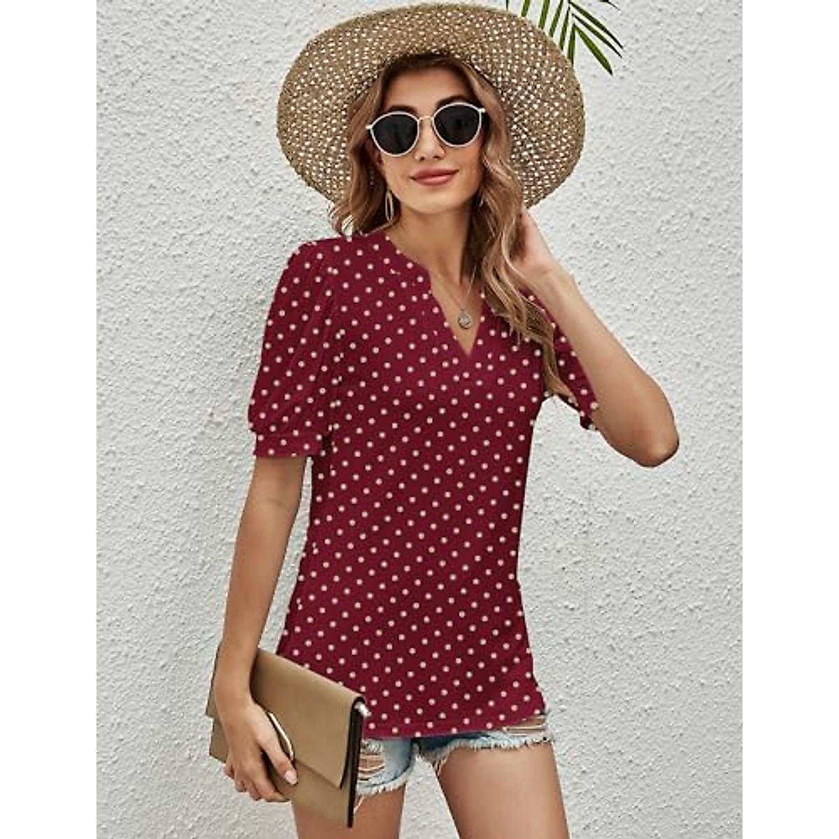 Romanstii Women Tees and Tops Short Sleeve Ruffle V Neck Tunic for Casual Wear,Wine Polka Dot,L