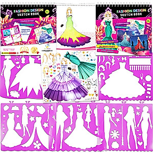 Fashion Dresses Sketch Portfolio Sticker Book - Designer Sketchbook - 100+ Stencils, 36 Giant Coloring Pages, Mermaid Dress Princess Costume Hair Star Stickers – Art Kit Drawing Coloring Book for Kids