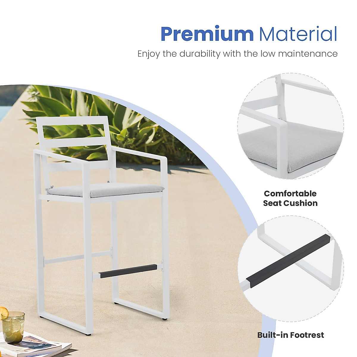 SUNSITT Outdoor Bar Stools Set of 4, All-Weather Aluminum Barstools Bar Height Patio Chairs w/Cushions & Footrest for Backyard Balcony Pool Lawn, White
