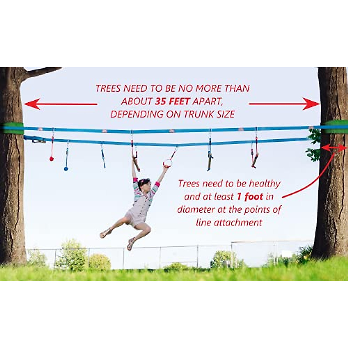 Double Ninja Slackline Obstacle Course for Kids | 80 Foot Line | Ninja Slackline Monkey Bars Playground Equipment | Ninja Ropes Course | Patented Double Line Design