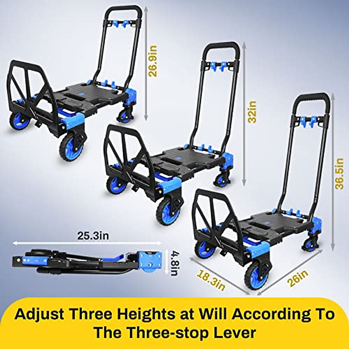 Hand Trucks Heavy Duty Foldable 400LB Load Carrying,Convertible Hand Cart with Retractable Handle,Collapsible Hand Truck with 4 Rubber Wheels, for Luggage/Travel/Personal/Mobile/Office Use.