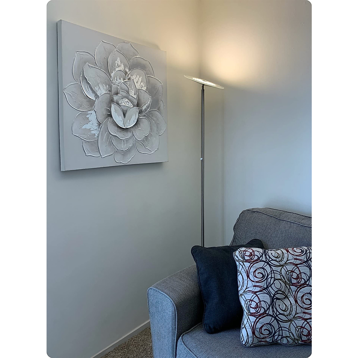 Kira Home Horizon 70" Modern LED Torchiere Floor Lamp (36W, 300W eq.), Glass Diffuser, Dimmable, Timer and Wall Switch Compatible, Adjustable Head, 3000k Warm White Light, Brushed Nickel Finish