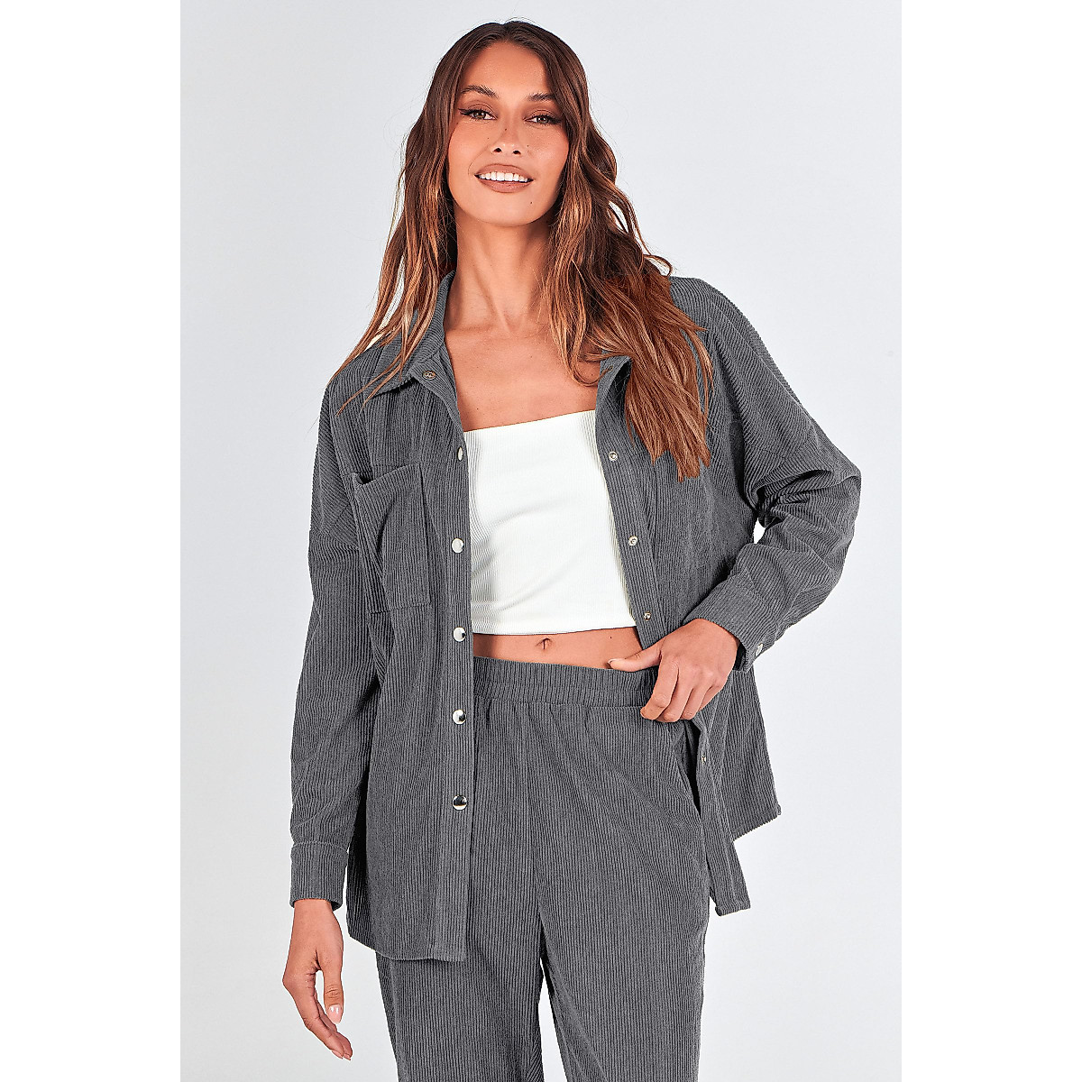 PRETTYGARDEN Women's 2 Piece Outfits Casual Corduroy Long Sleeve Button Down Jacket and Pants Tracksuit with Pockets (Grey,Large)