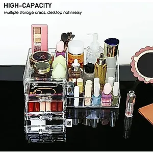 Simbuy Clear Makeup Organizer for Vanity, Large Desk Organizer with Drawers for Cosmetics, Lipsticks, Beauty Supplies, Nail Care, Skincare, Ideal for Dresser and Bathroom Countertops