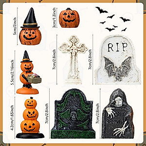 Wettarn 98 Pcs Halloween Miniatures Figurines Mini Tombstones Figurine Halloween Figurines Skulls Heads Resin Miniature Pumpkins Decor Garden Accessories Ornaments for Outdoor Home DIY Crafts Party