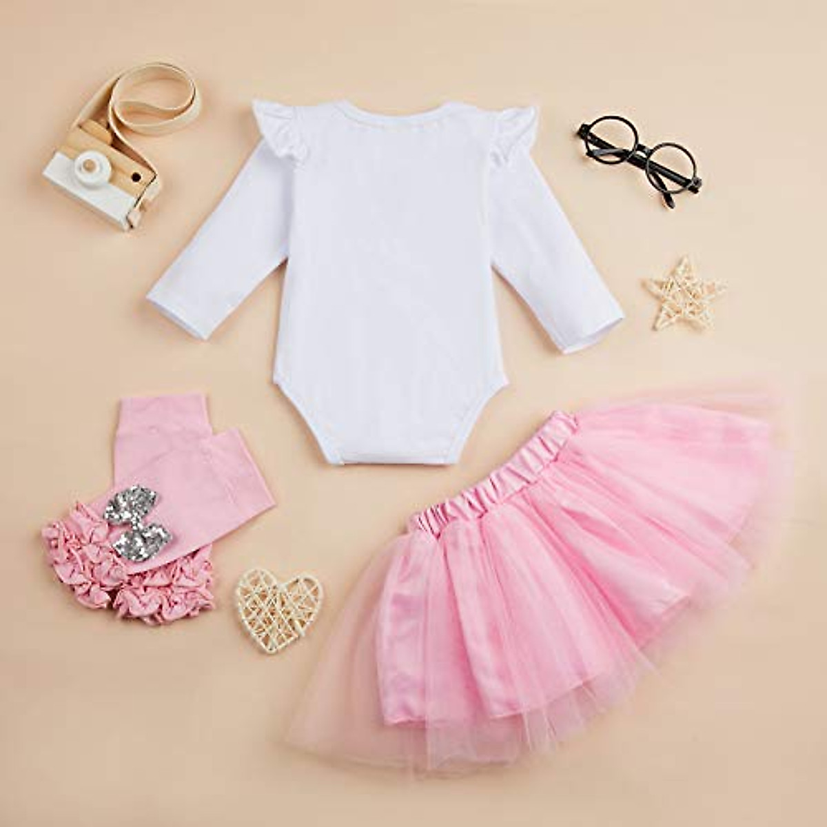 Baby Girl My 1st Birthday Outfit Long Sleeve Letter Print Romper + Tutu Skirt Leg Warmers with Headband 4pcs Clothes Set (Pink A, 12-18 Months)