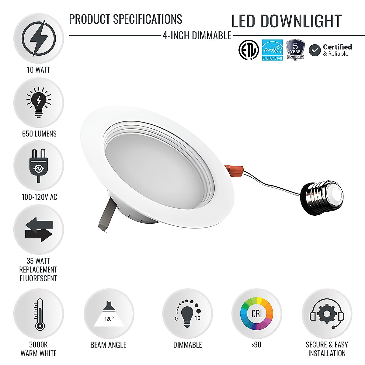 LEDMyplace 4 inch 10W Round Dimmable Retrofit LED Recessed Downlight, Pack of 4, 3000K Warm White, 650 Lumens, Replace of 35W, Baffle Trim Can Lights for Ceiling, Indoor Lighting for Home, Kitchen