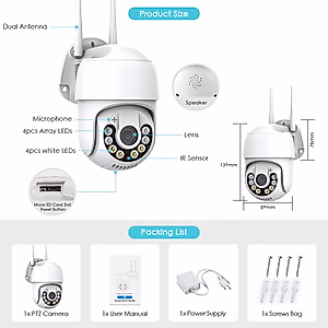 EVERSECU 5MP Ultra HD 2.4Ghz WiFi IP PTZ Camera Outdoor Night Vision Waterproof CCTV Security Dome Camera 5X Digital Zoom, with PC Software/Web Client, Two Way Audio CCTV Surveillance Camera