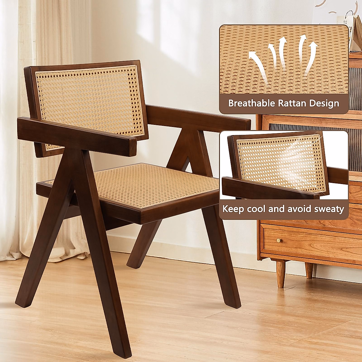 CLATINA Rattan Reading Chair for Bedroom Comfy Indoor Kitchen Dining Chair with Rattan Backrest Armrest Morden Upholstered Seat Wood Chair for Home Living Room Farmhouse Restaurant(1PK)