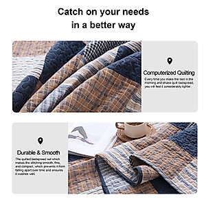 PANGUSHAN 100% Cotton Quilt Set Queen Size, Patchwork Plaid Queen Quilt Bedding Set Bedspreads, Farmhouse Lightweight Comforter Reversible Quilt, Navy/Brown/White Bed Spread for Queen Bed, 3 Pieces