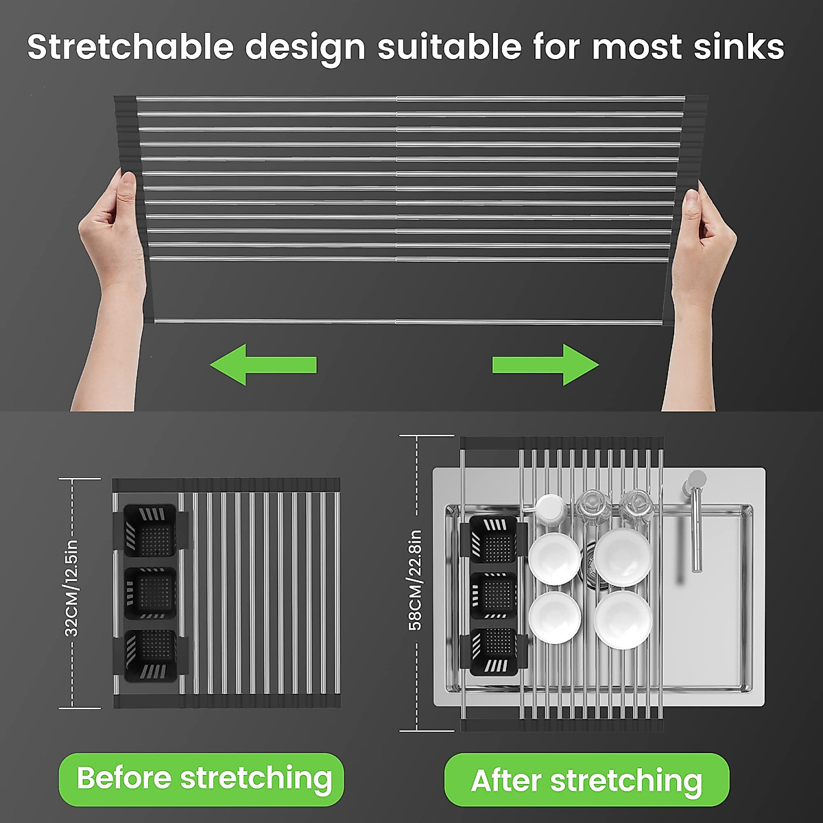 BBXTYLY Black Expandable Roll Up Dish Drying Rack Up to 22.8''with 2 Storage Baskets,Over The Sink Rolling up Dish Drainer, Foldable,Rollable,for Kitchen Dishes,Cups