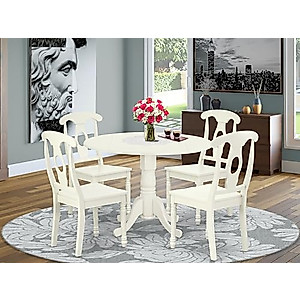 East West Furniture DLKE5-LWH-W 5 Piece Dining Room Furniture Set Includes a Round Kitchen Table with Dropleaf and 4 Dining Chairs, 42x42 Inch, Linen White