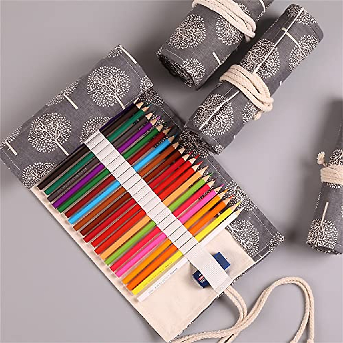 DIYOMR 24/36/72 Slots Pencil Wrap Pencil Rolls, Artist Colored Pencils Roll Up Bag Short Brushes Pouch Case Pencils Organizer for Drawing Coloring and Sketching (Trees, 72slots)