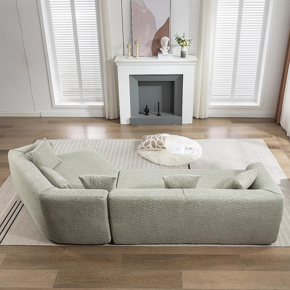 VnndeNest 125'' Modular Sectional Couch, Modern Upholstered L-Shape Sectional Sofa with Chaise Lounge, Comfy Boucle Fabric Curved Cloud Sofa for Living Room, Apartment, Bedroom, Assembly-Free, Green