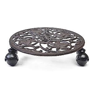 Cast Iron Plant Caddy with Wheels, Moveable Planter Trolley, Cast Iron Planter Dolly, Round Flower Pot Mover Metal Plant Pallet Trolley Tray with Casters