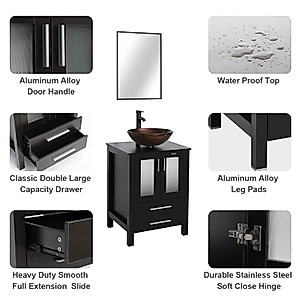 eclife 24" Modern Bathroom Vanity Sink Combo Black Stand Cabinet with Brown Round Tempered Glass Vessel Sink & Water Save Faucet & Pop Up Drain (A09)