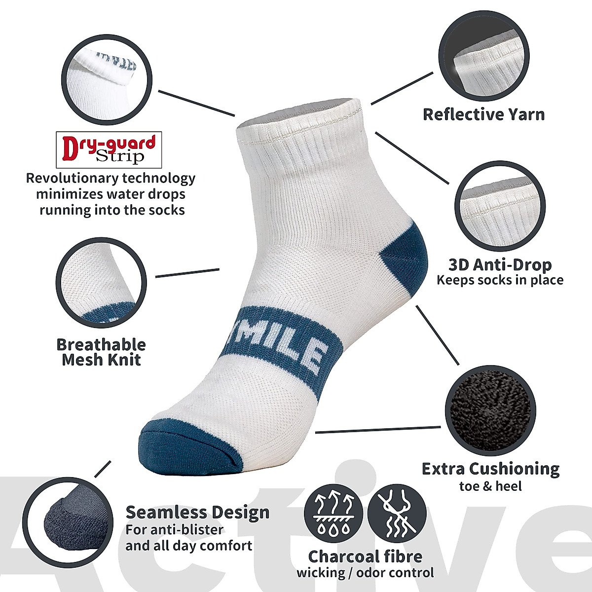 DRYMILE Active Waterproof Socks, Breathable Cushioned Running, Hiking, Winter Waterproof Socks for Men & Women - Ankle (Large, White/Blue)