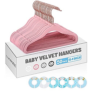 COZYMOOD Velvet Baby Hangers for Closet 50 Pack, Non-Slip Baby Clothes Hangers with 6 Pcs Cute Closet Dividers, Ultra-Thin Small Hangers for Kids Clothes Space Saving Infant & Toddler Hangers, Pink