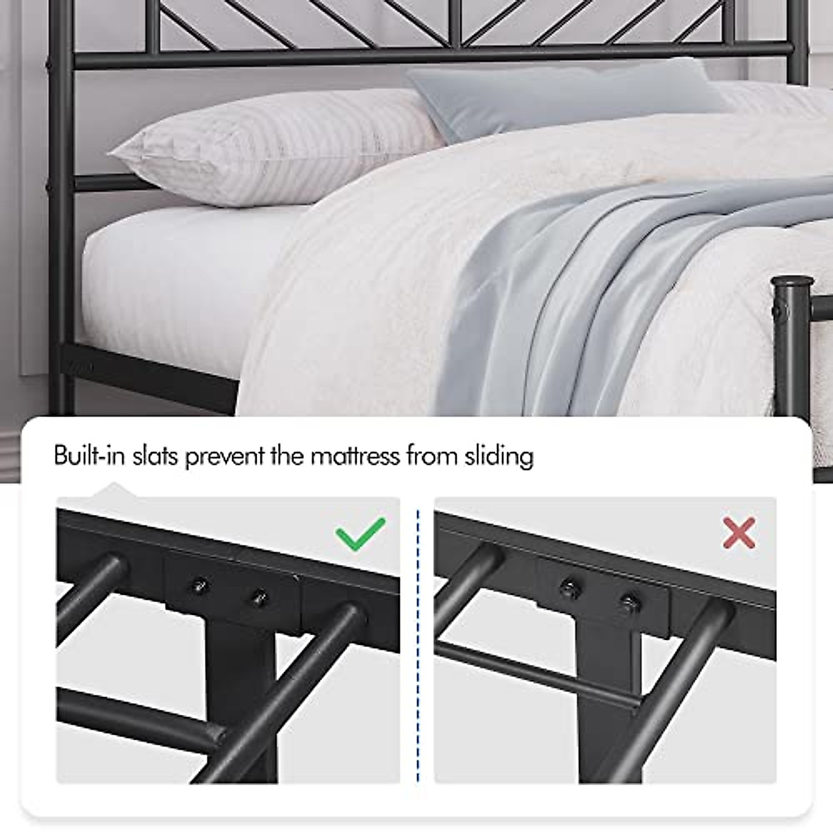 Yaheetech Queen Size Platform Bed Frame with Arrow Design Headboard, 13 Inches Metal Mattress Foundation for Storage, No Box Spring Needed, Easy Assembly, Modern, Black