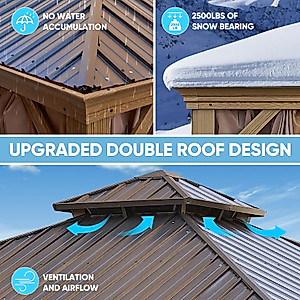 12' x 20' Hardtop Gazebo Outdoor Canopy Tent w/Double Galvanized Steel Vented Roof &Aluminum Frame for Garden Backyard,Permanent Metal Pavilion Heavy Duty Sunshade w/Privacy Curtains for Patio (Brown)