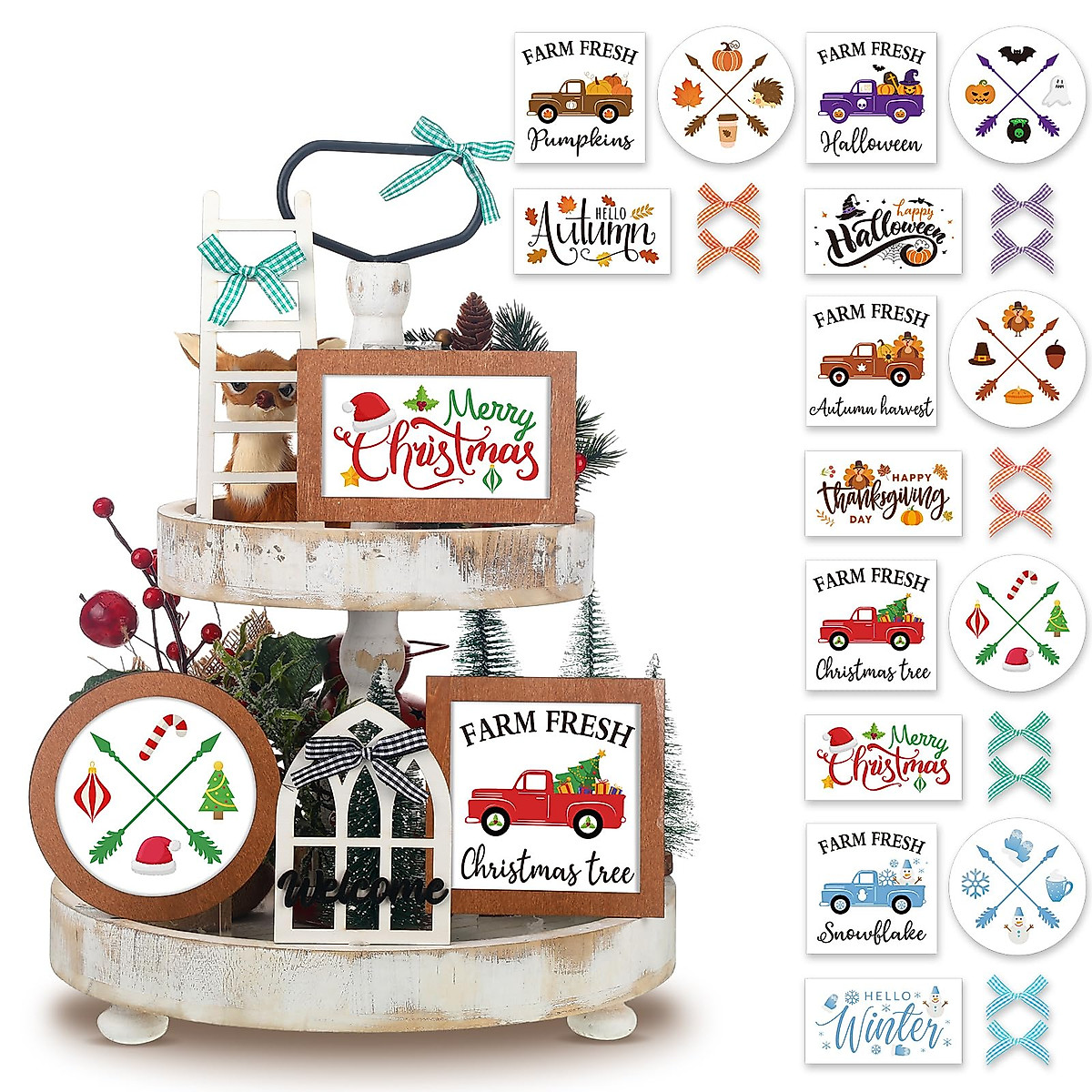 Bokon 30 Pcs Tiered Tray Decor Set for Christmas Winter Interchangeable Farmhouse Tiered Tray Decorations with Wood Frames Thanksgiving Halloween Fall Seasonal Wooden Sign for Holiday Table Home Decor